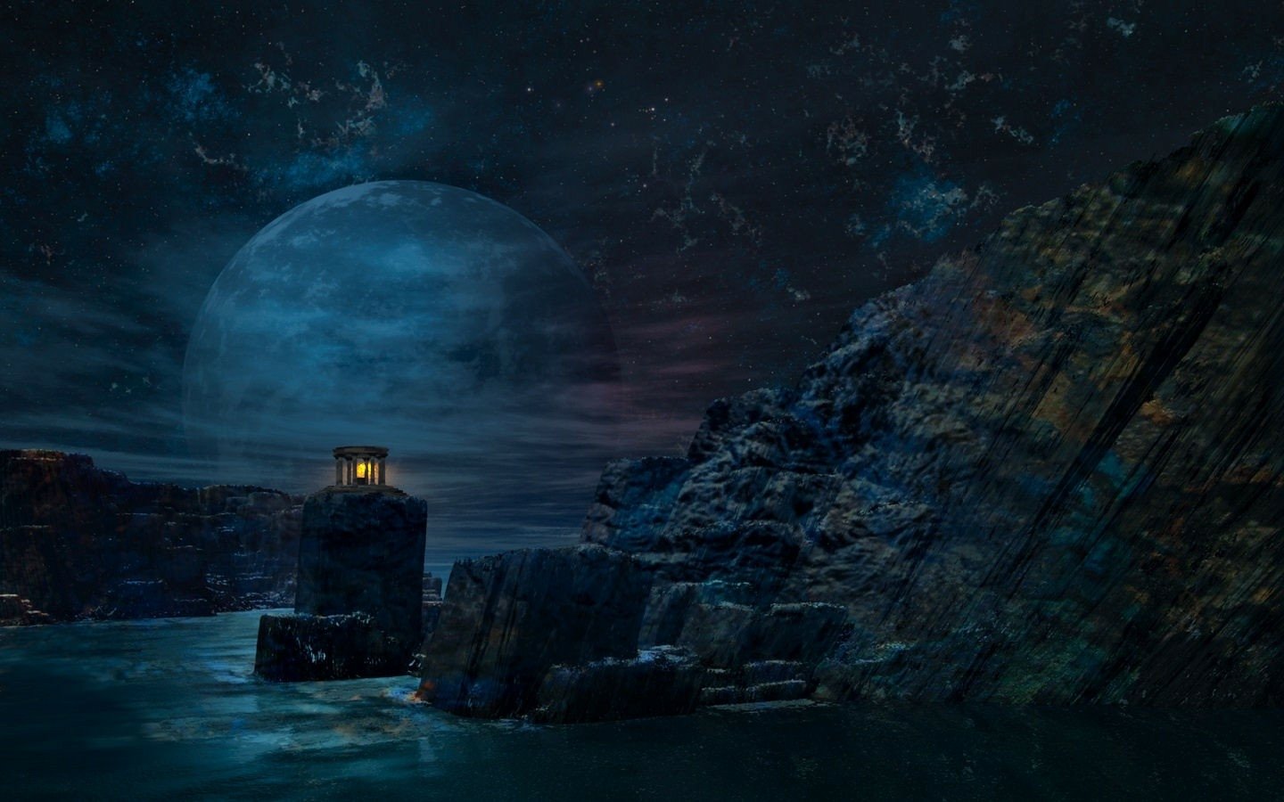 Nightfall on Earth: Sci-Fi Planet Rise Behind Dark Mountain