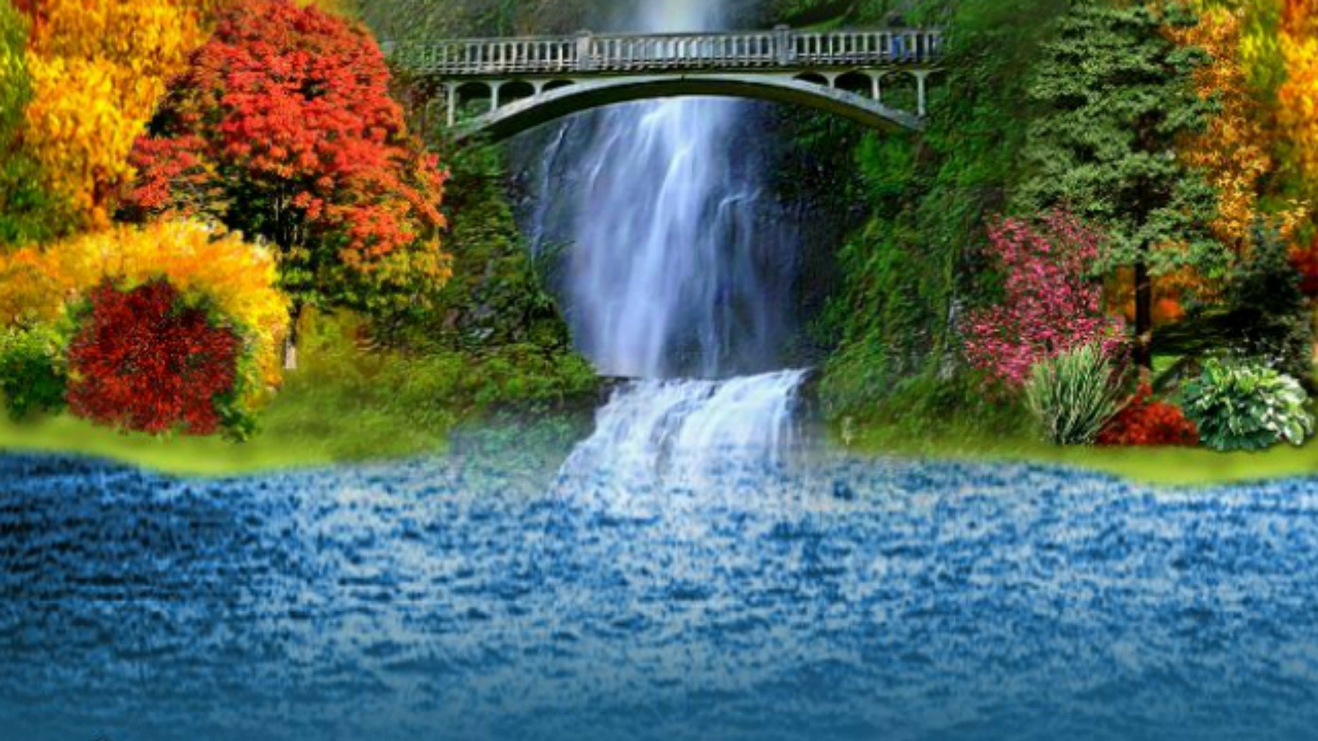 Download River Fall Earth Waterfall Forest Man Made Bridge Image