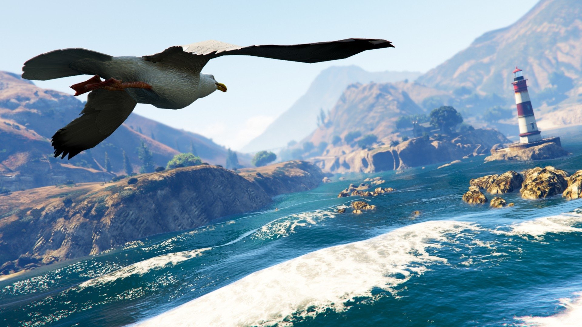 Seagull Soars Over GTA V Lighthouse by Mountain and Sea