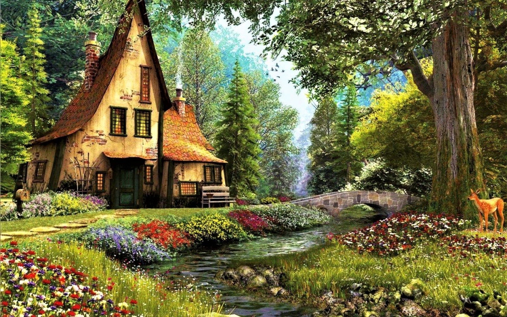 Download Colorful Deer Flower Tree House Cottage Artistic Painting Image