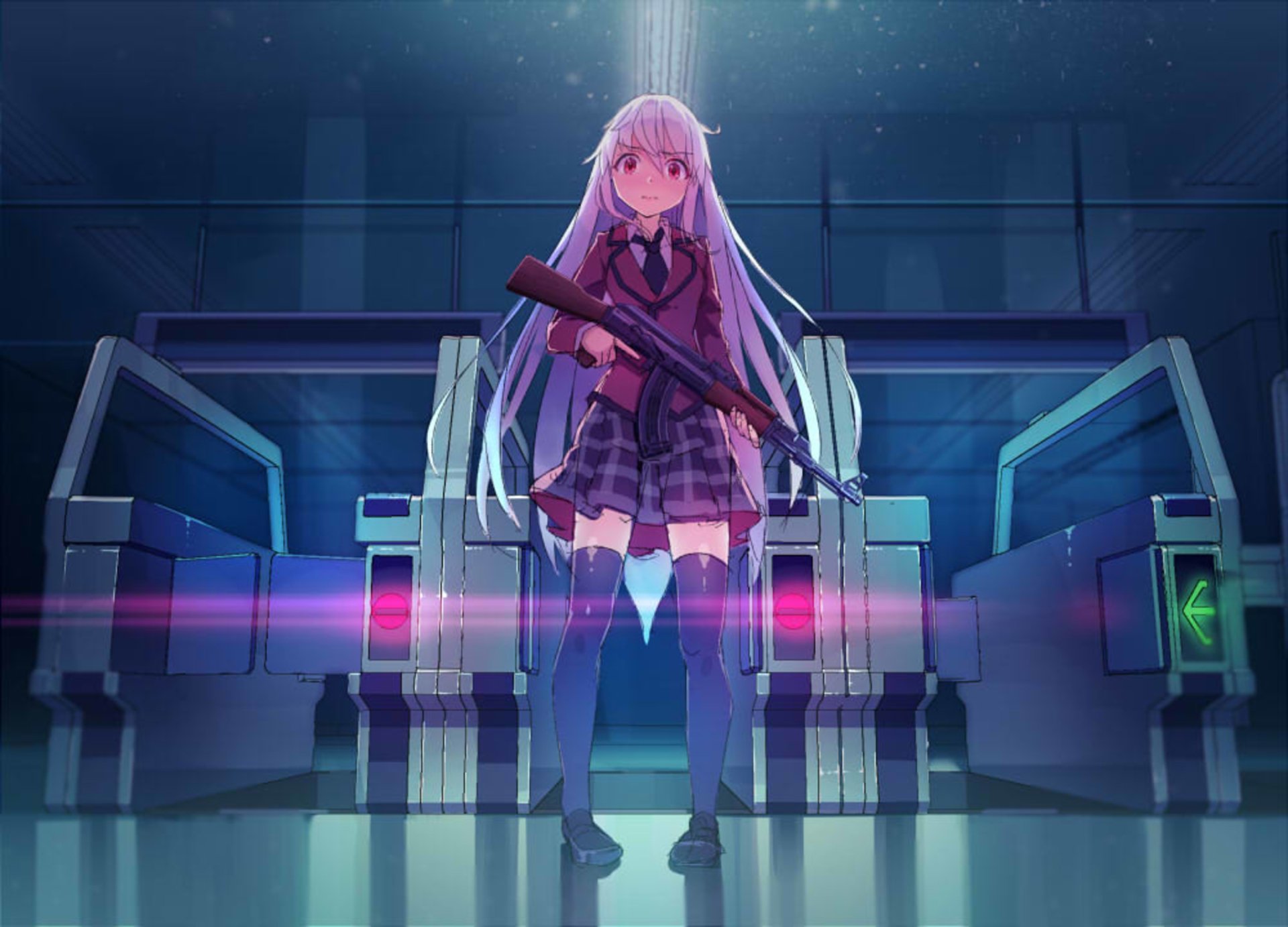 Download AK 47 Red Eyes Long Hair White Hair Anime Original Image