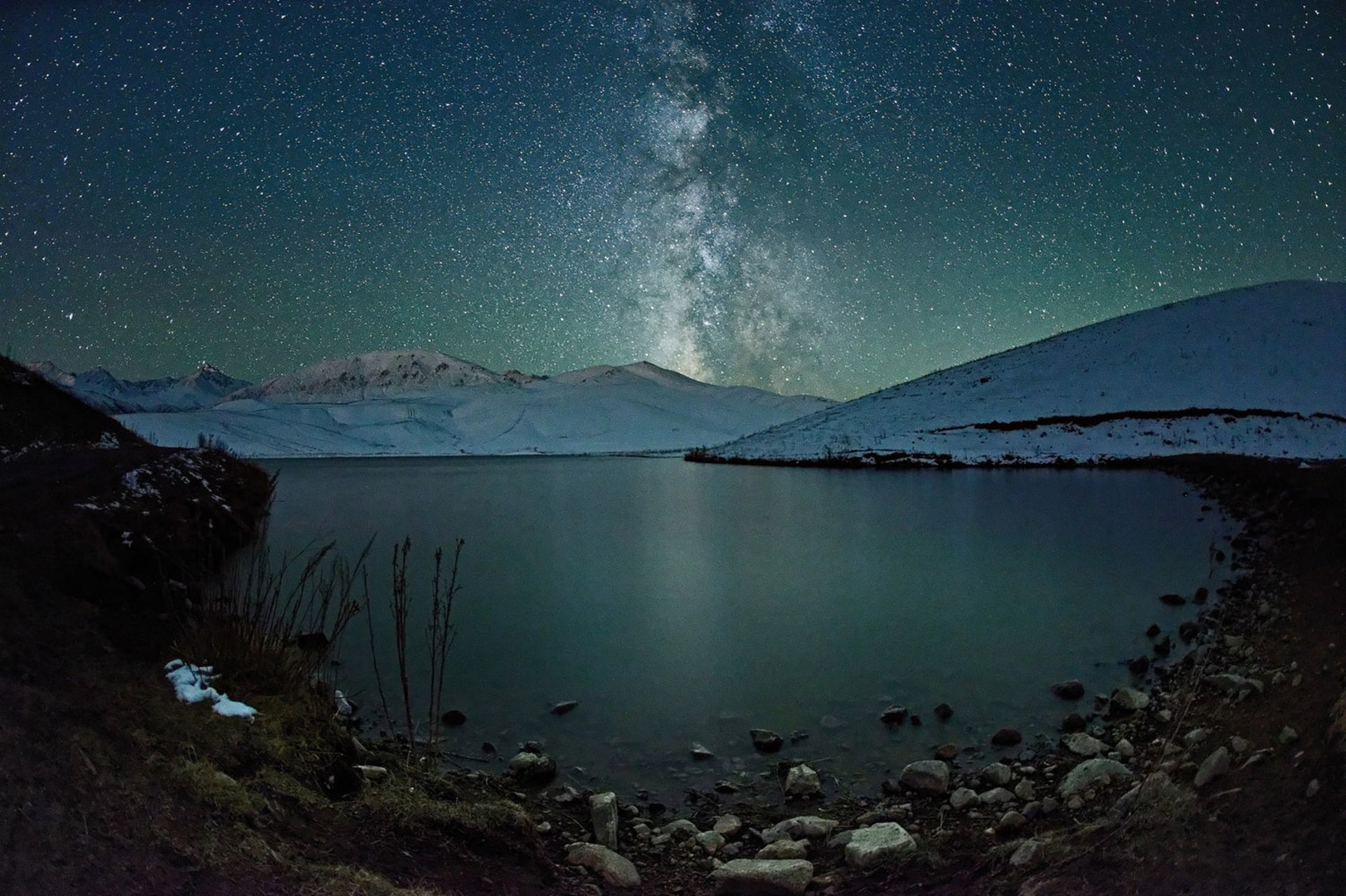 Starry Sky Over Mountains and Tranquil Lake