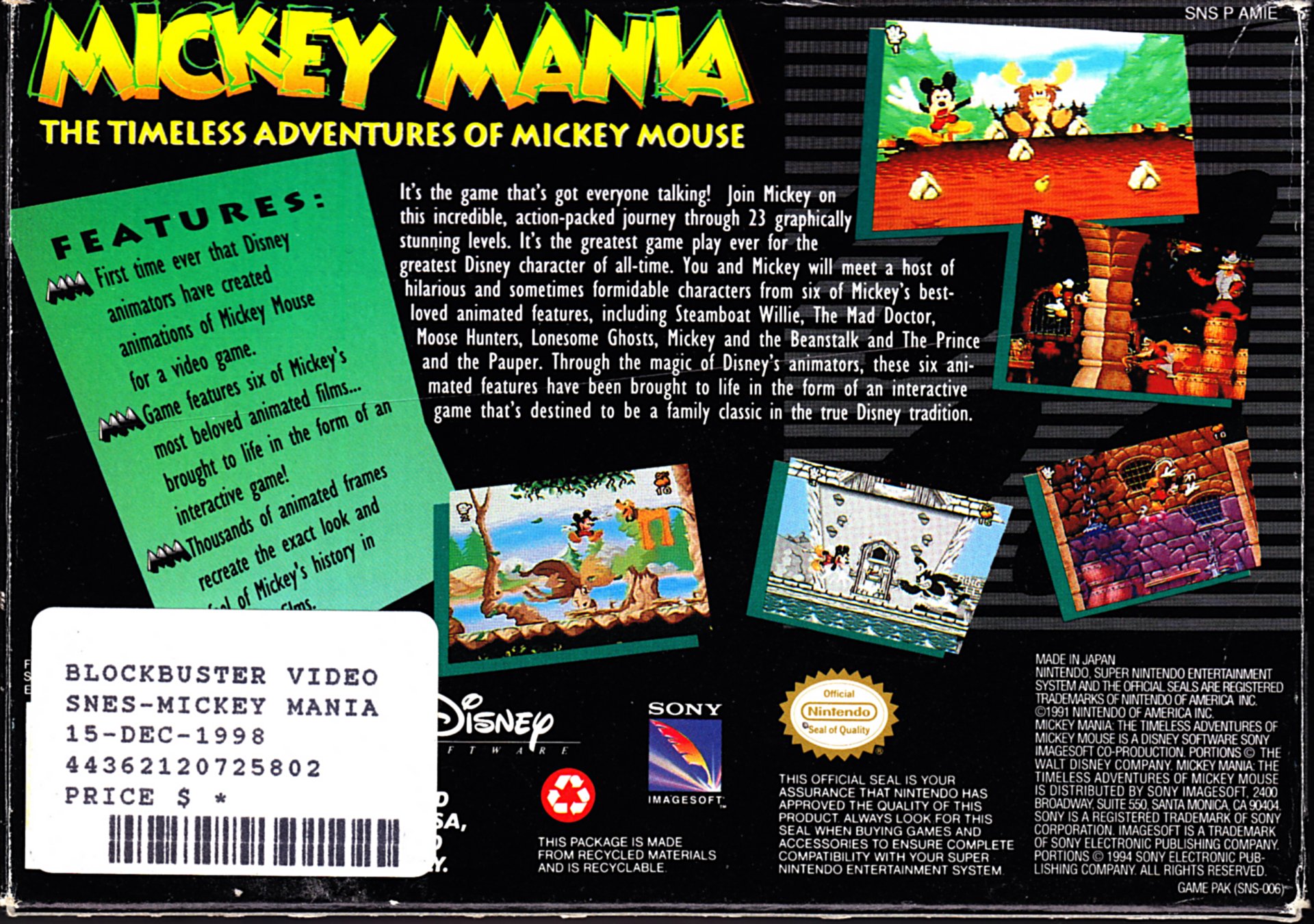 Mickey Mania: The Timeless Adventures of Mickey Mouse Video Game Box ...