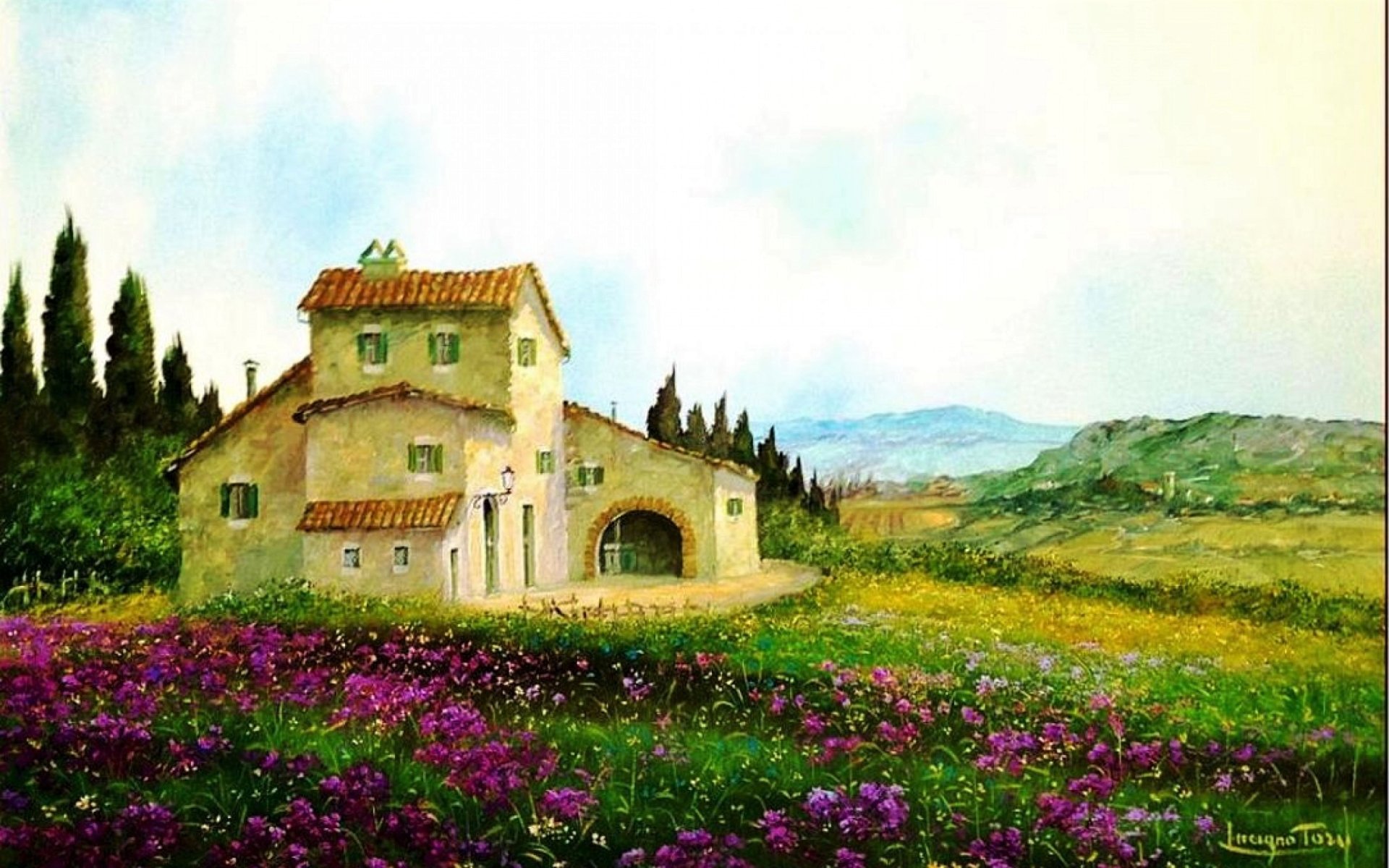 Download Field Tree House Landscape Italy Tuscany Artistic Painting Image