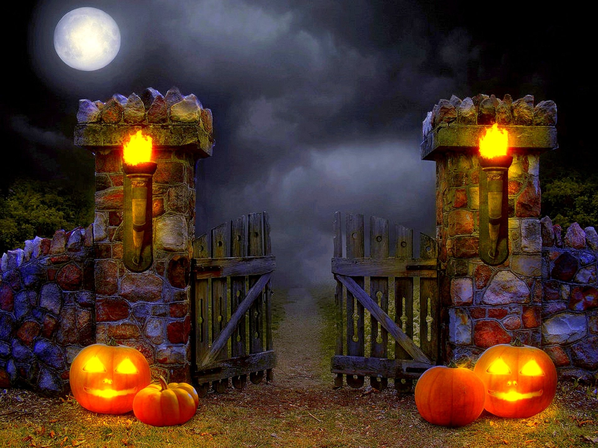 Download Fog Torch Pumpkin Stone Holiday Halloween Image