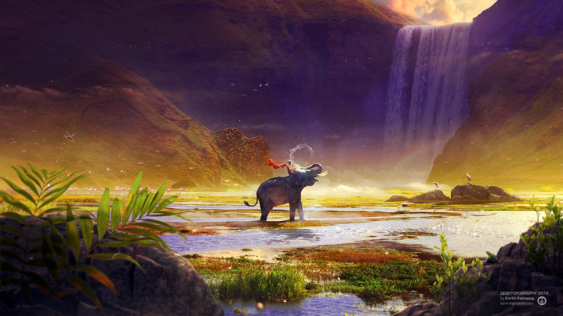 Download Bird Elephant Waterfall Artistic Desktopography Image