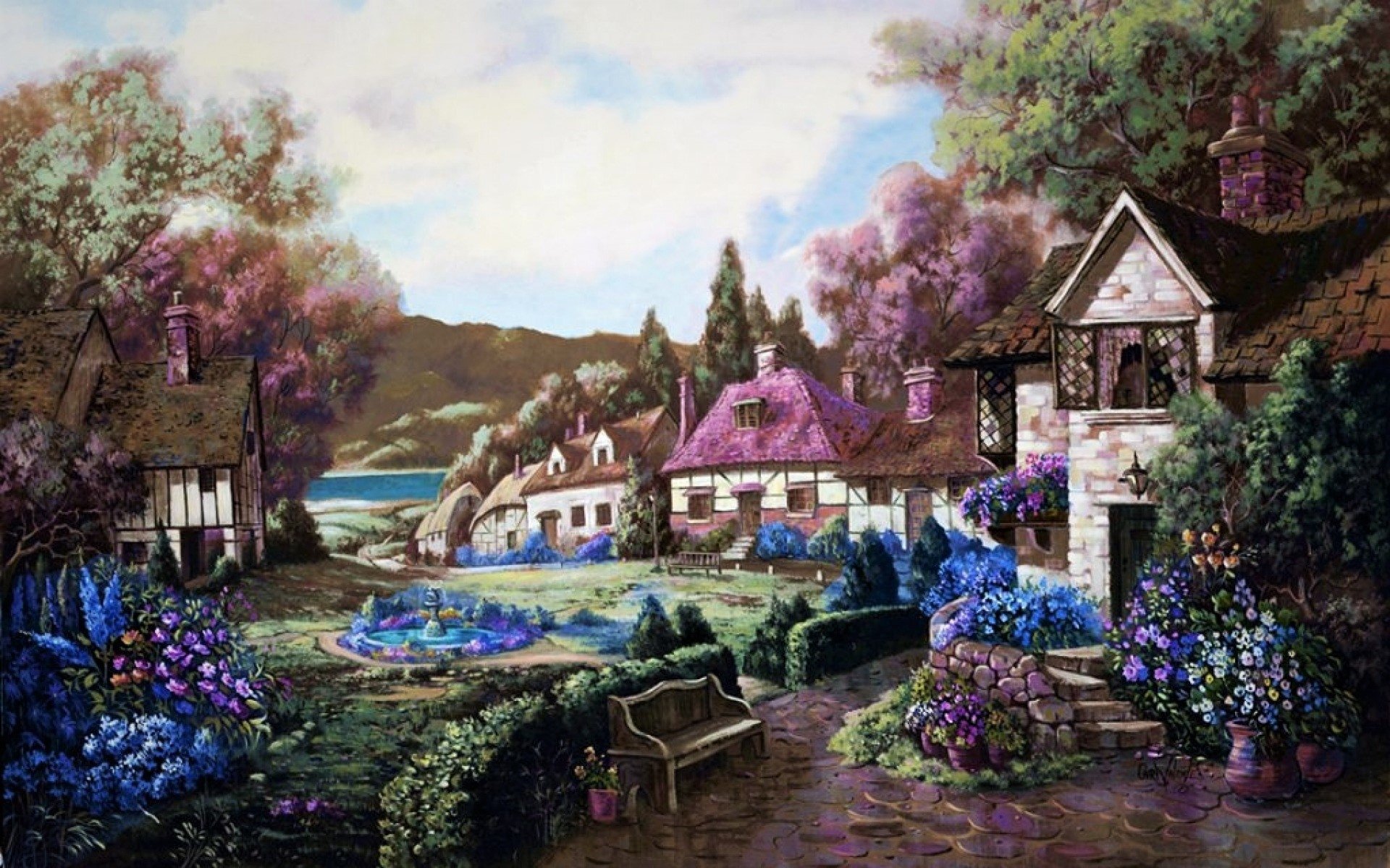 Download Flower Spring Colorful Village House Artistic Painting Image
