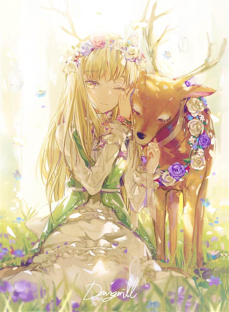 Blonde Anime Girl and Her Gentle Fawn in a Floral Dream