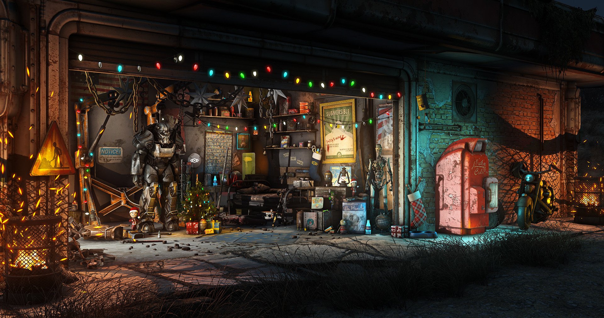 Fallout 4 — Neon Garage Workshop with Power Armor