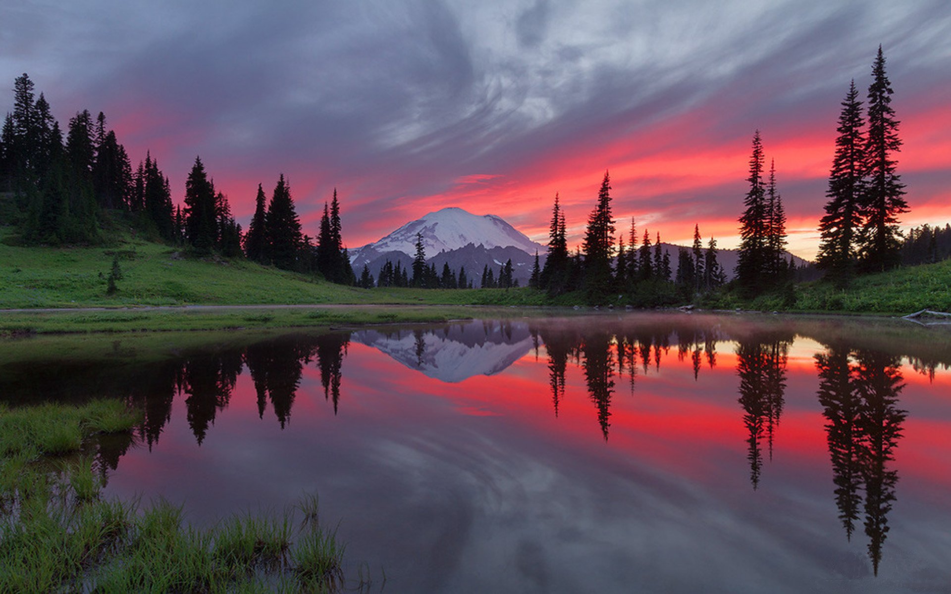 Download Reflection Sky Lake Sunset Earth Nature Mount Rainier Image