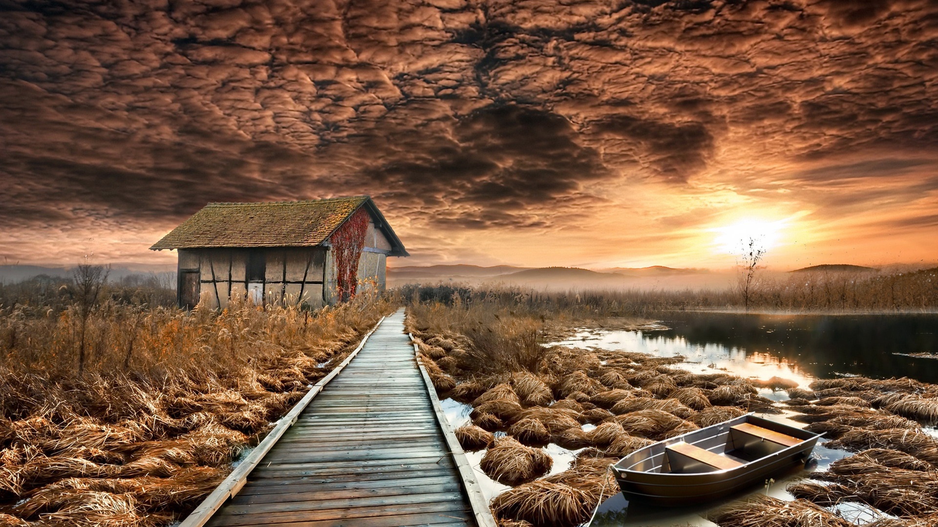 Dark and Cloudy Sunset over Cabin - Image Abyss