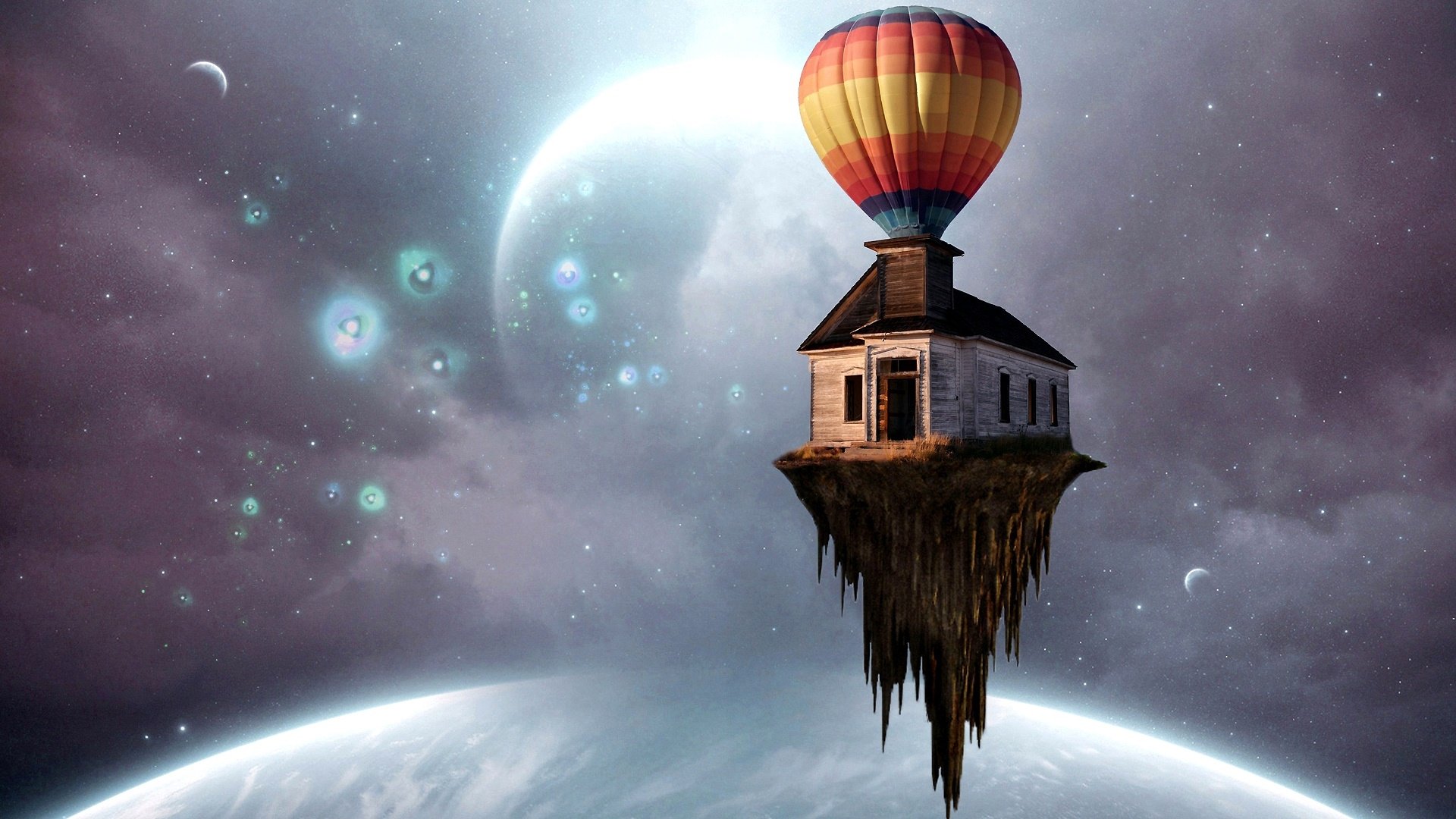 House in Space Held Up by Hot Air Balloon Image - ID: 255115 - Image Abyss