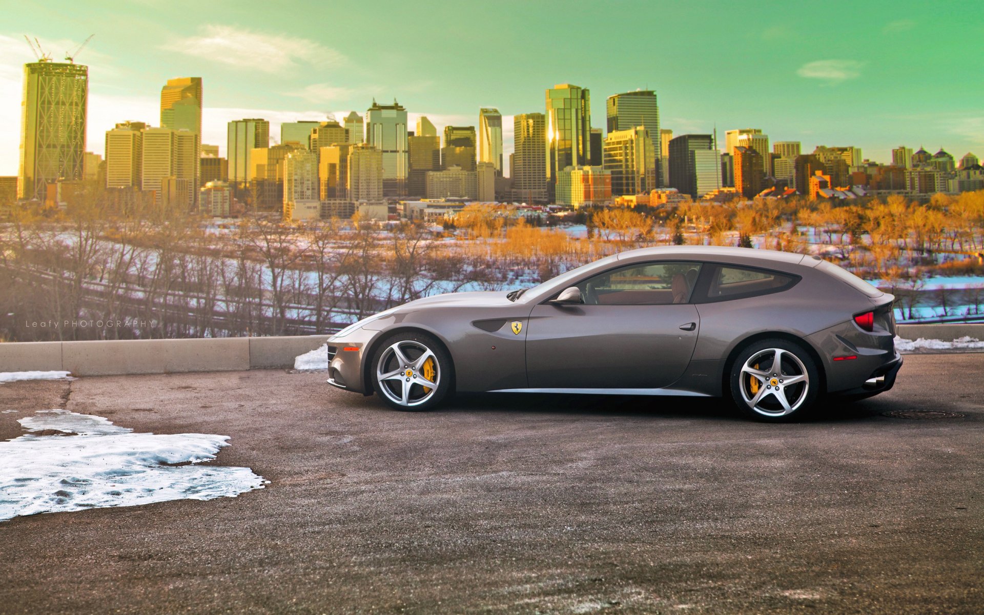 Ferrari Elegance: Sleek Urban Drive with a Stunning Skyline Backdrop