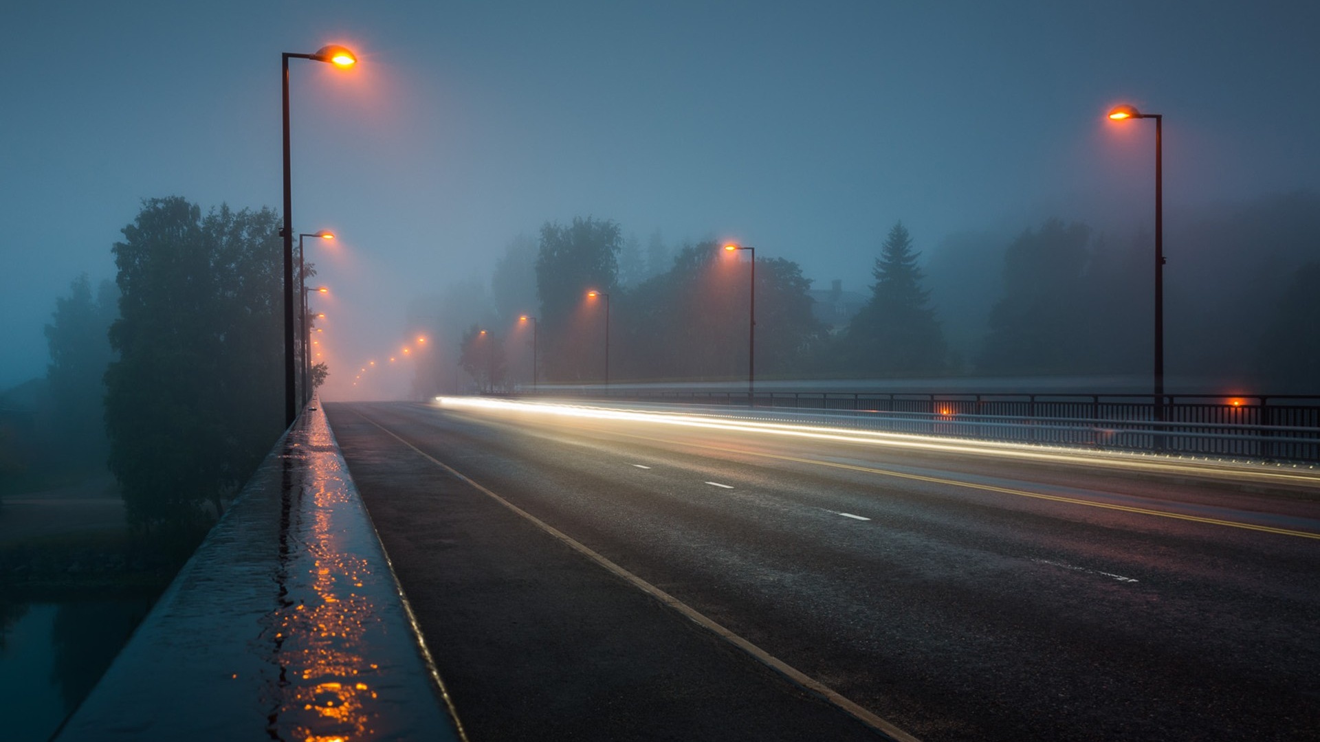 Download Street Light Fog Night Highway Man Made Street Image