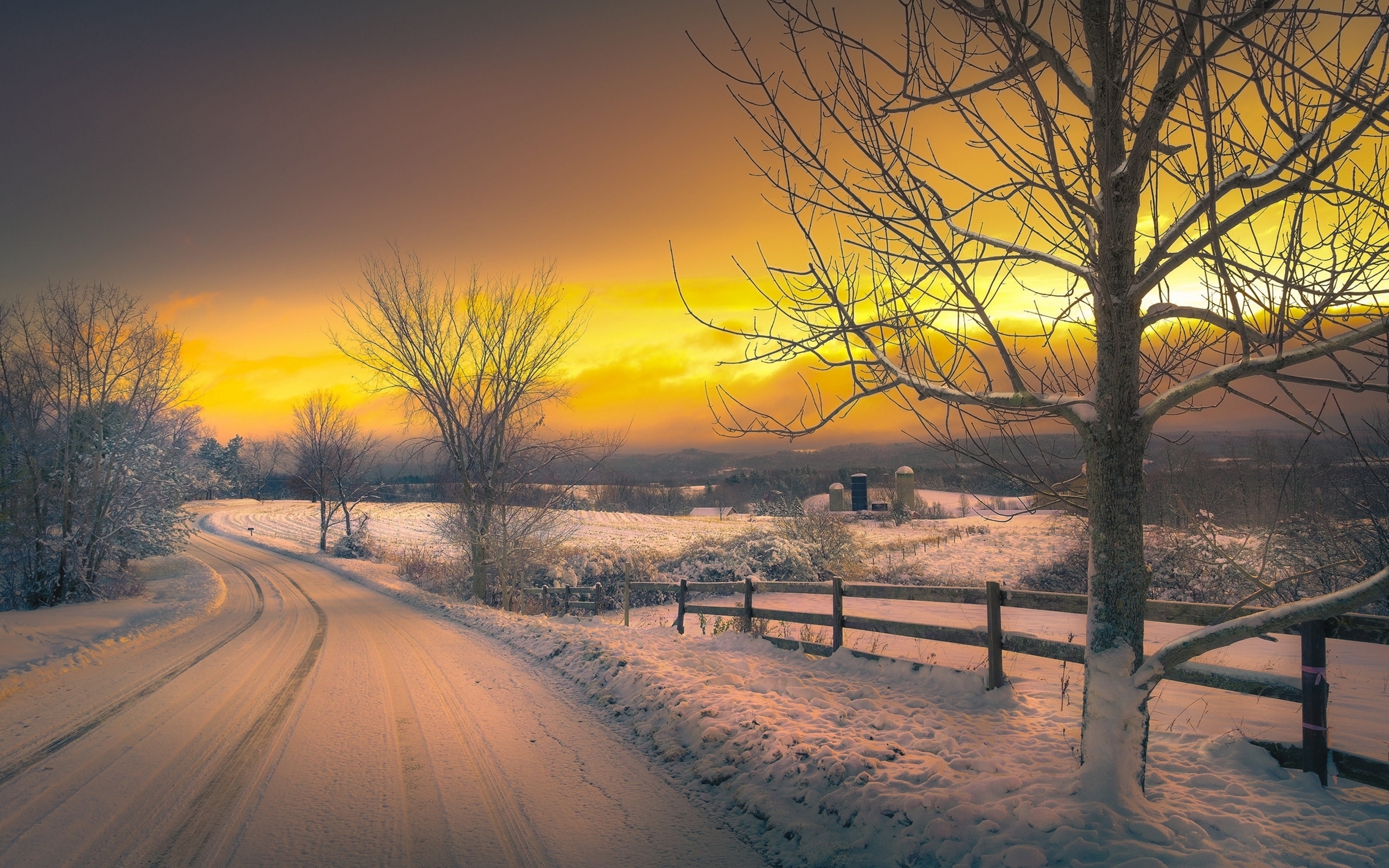 Winter Road at Sunset: Snowy Trees and Rustic Fence Silhouettes