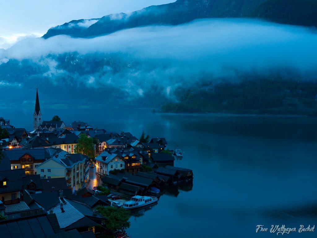 Mystical Night Fog Over Hallstatt Village, Austria