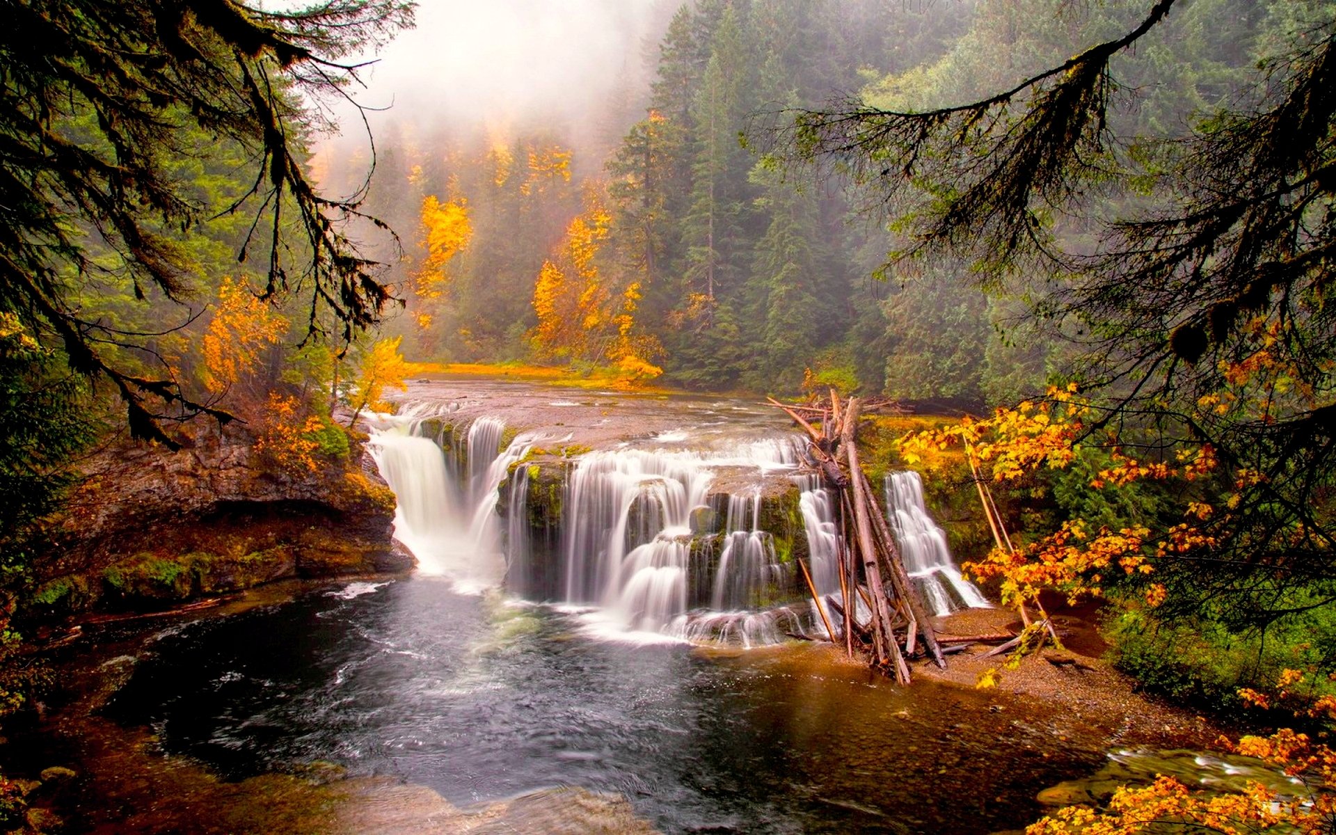Autumn Cascade: A Serene Forest Waterfall in Fall Splendor