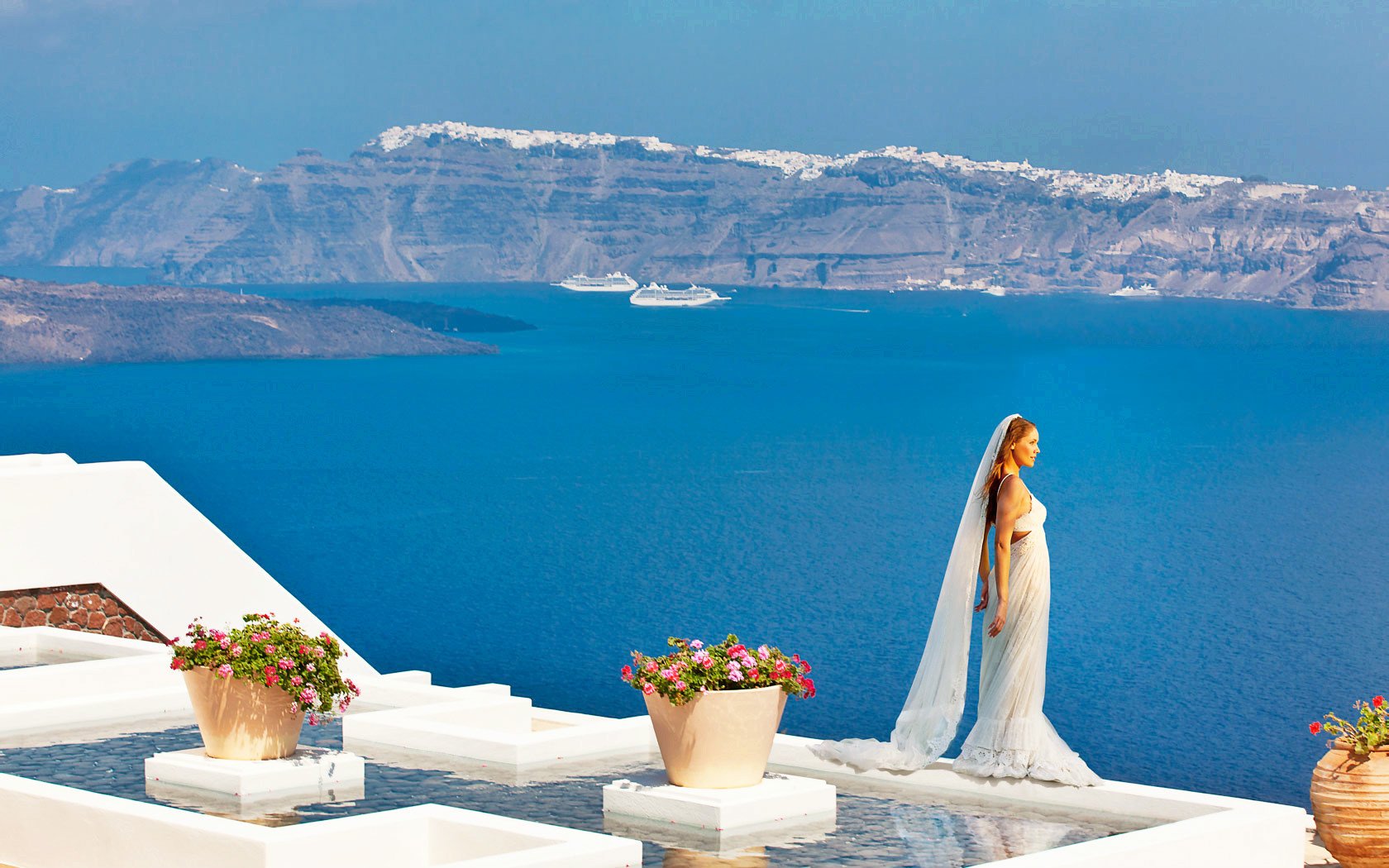 Download Sea Ocean Greece Santorini Model Woman Bride Image
