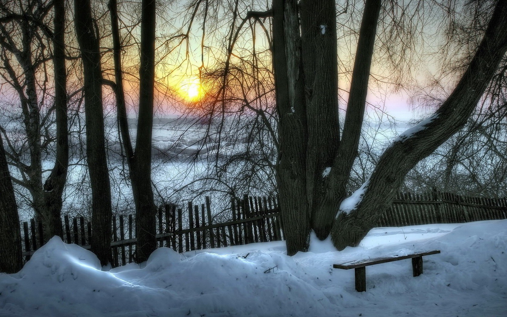 Download Fence Bench Sunset Snow Tree Photography Winter Image
