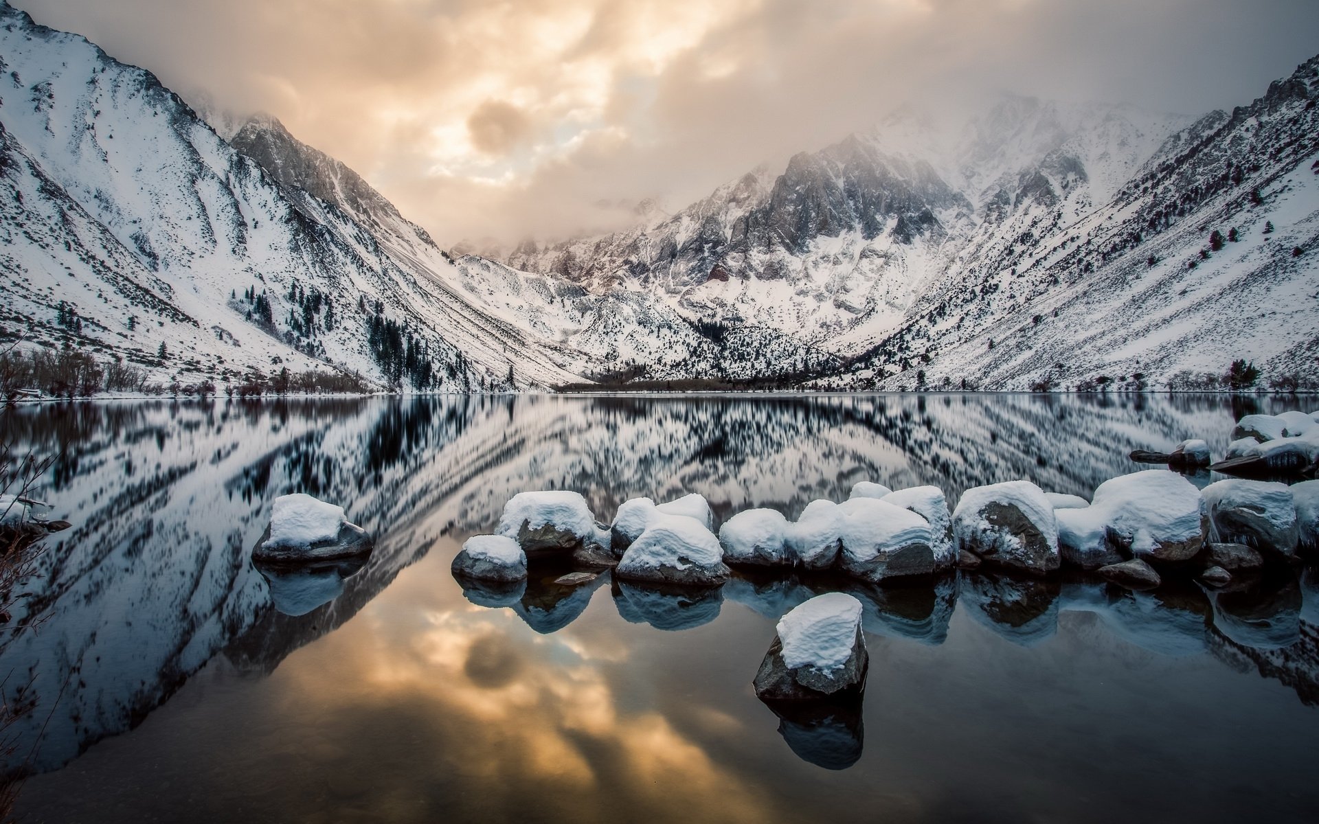 Silent Snowbound Lake Mirror of Winter Peaks Alpine Reflection