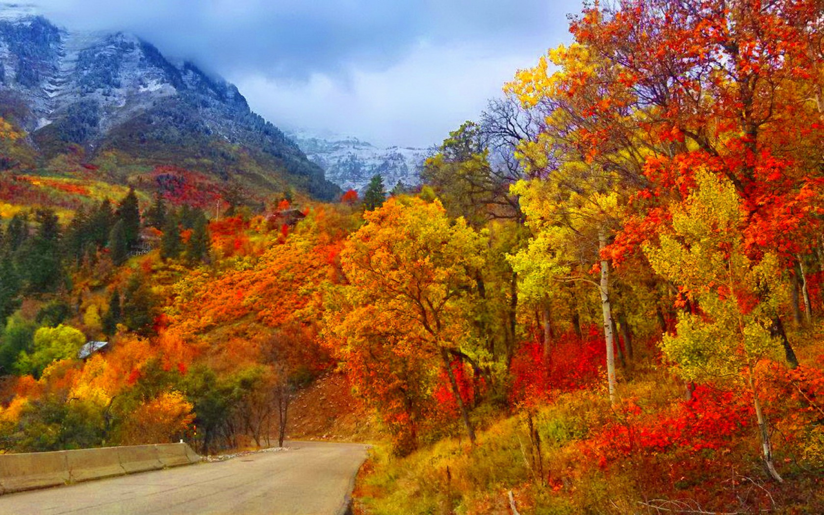 Autumn Road Through a Vibrant Forest and Majestic Mountains