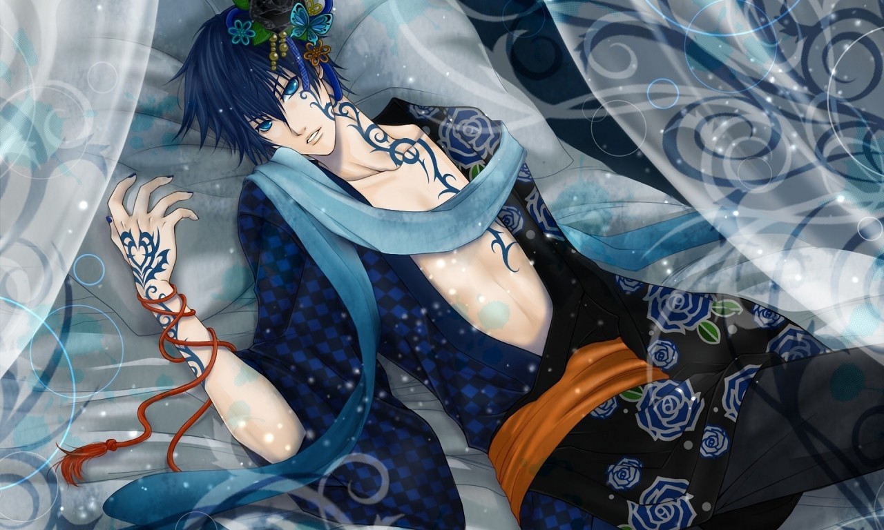 Kaito's Enchanted Tattoo: A Vocaloid's Mystical Scarf and Style