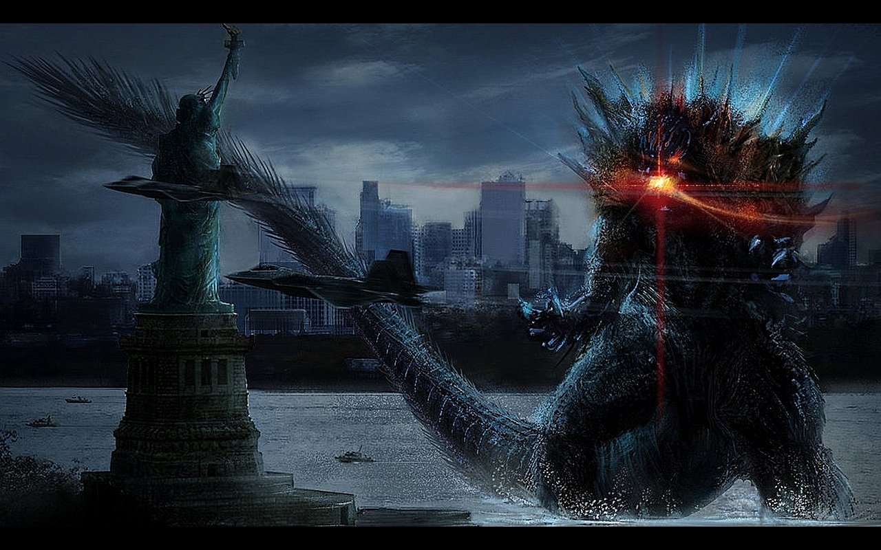 Godzilla's Epic Clash: Statue of Liberty Showdown in New York (2014 Movie)