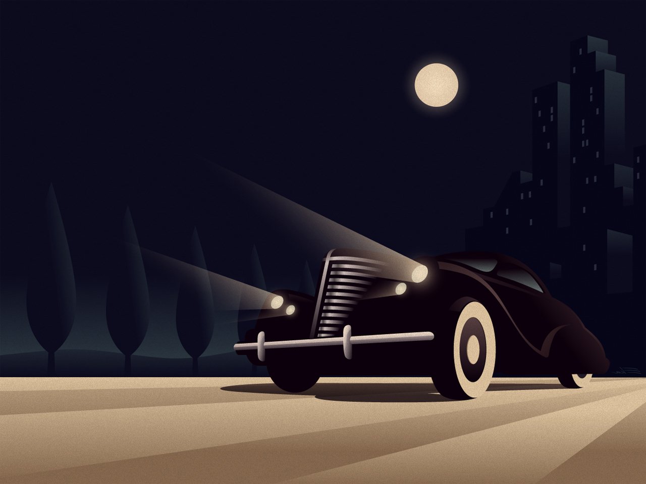 Elegant Night Drive: Vintage Car Under the Moon