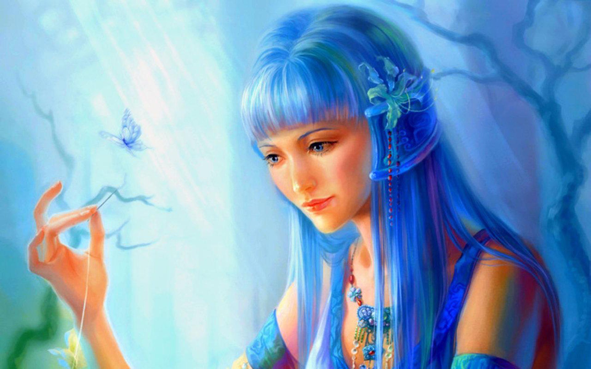 Download Butterfly Necklace Blue Hair Fairy Fantasy Woman Image