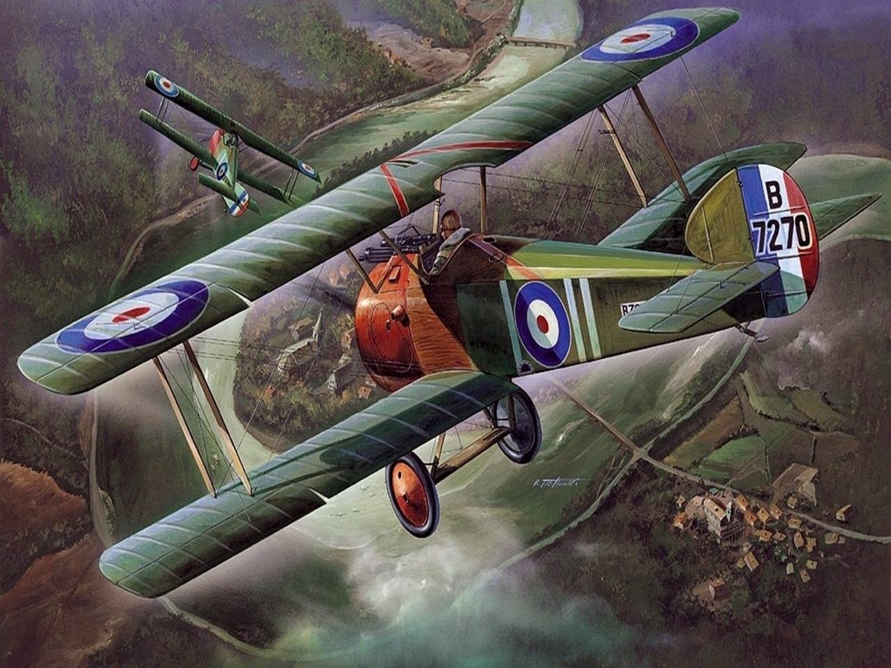WWI Military Biplane in Flight