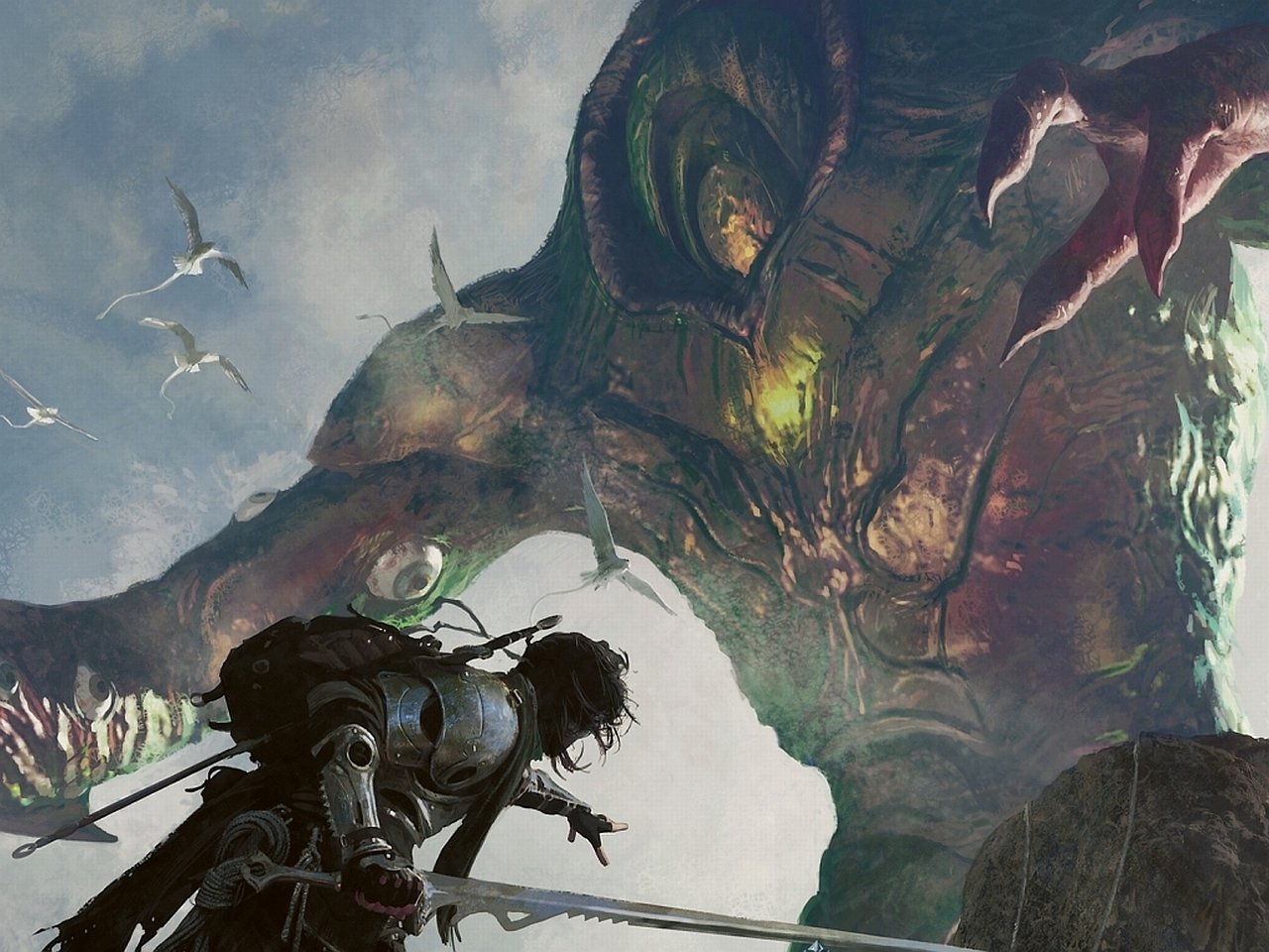 Epic Clash: The Fearless Fantasy Warrior vs. the Colossal Beast