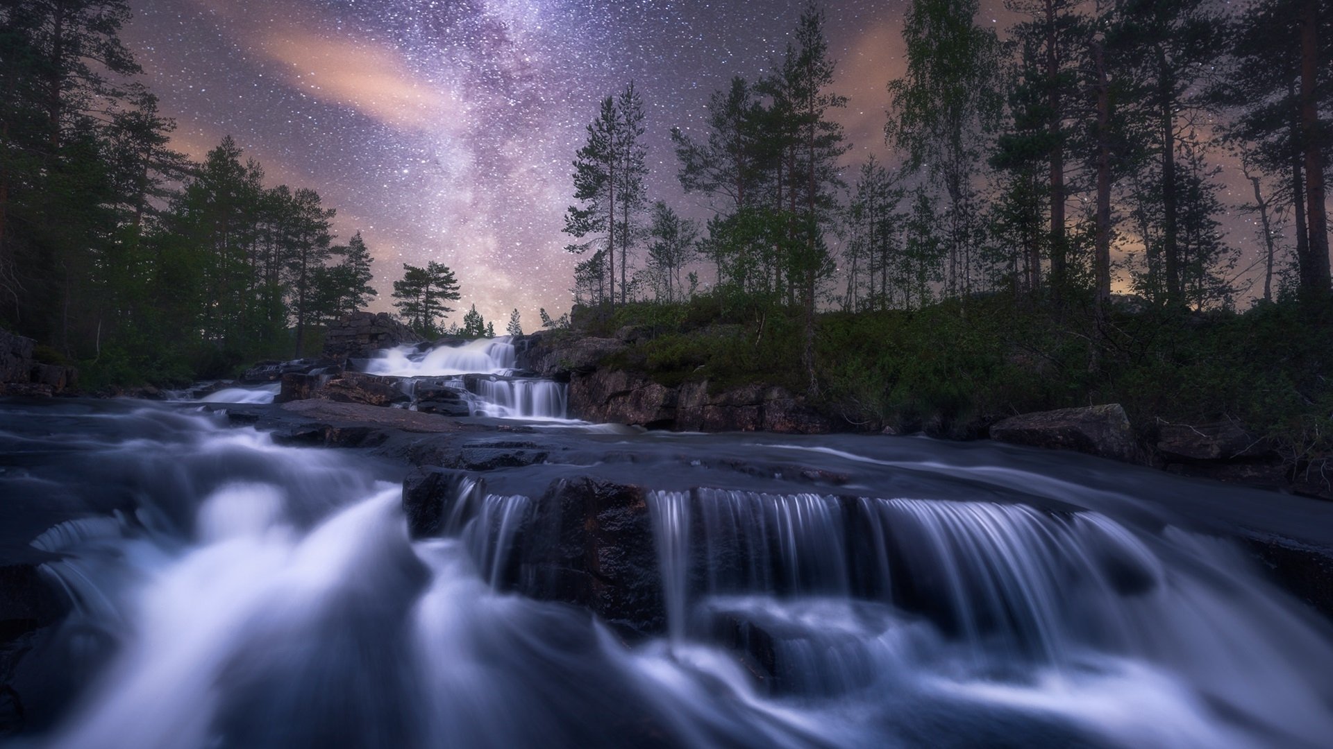 Download Starry Sky Night Nature Waterfall Image
