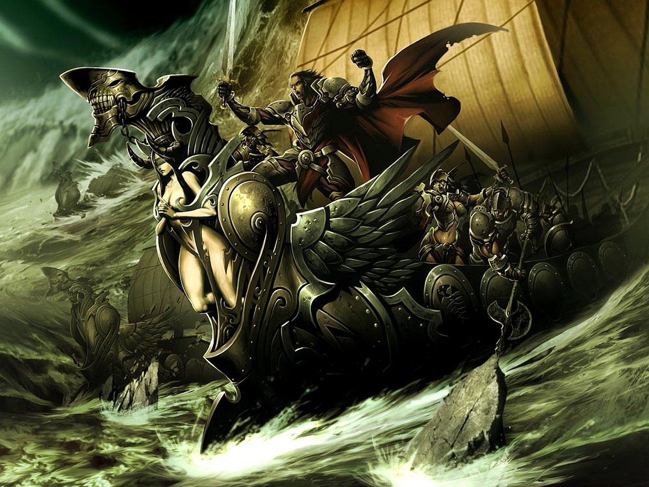 Legendary Fantasy Warship Amidst Stormy Seas