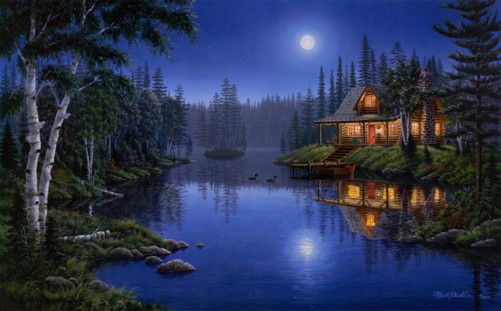 Download Reflection Light Cabin Full Moon Forest Night Lake Artistic ...