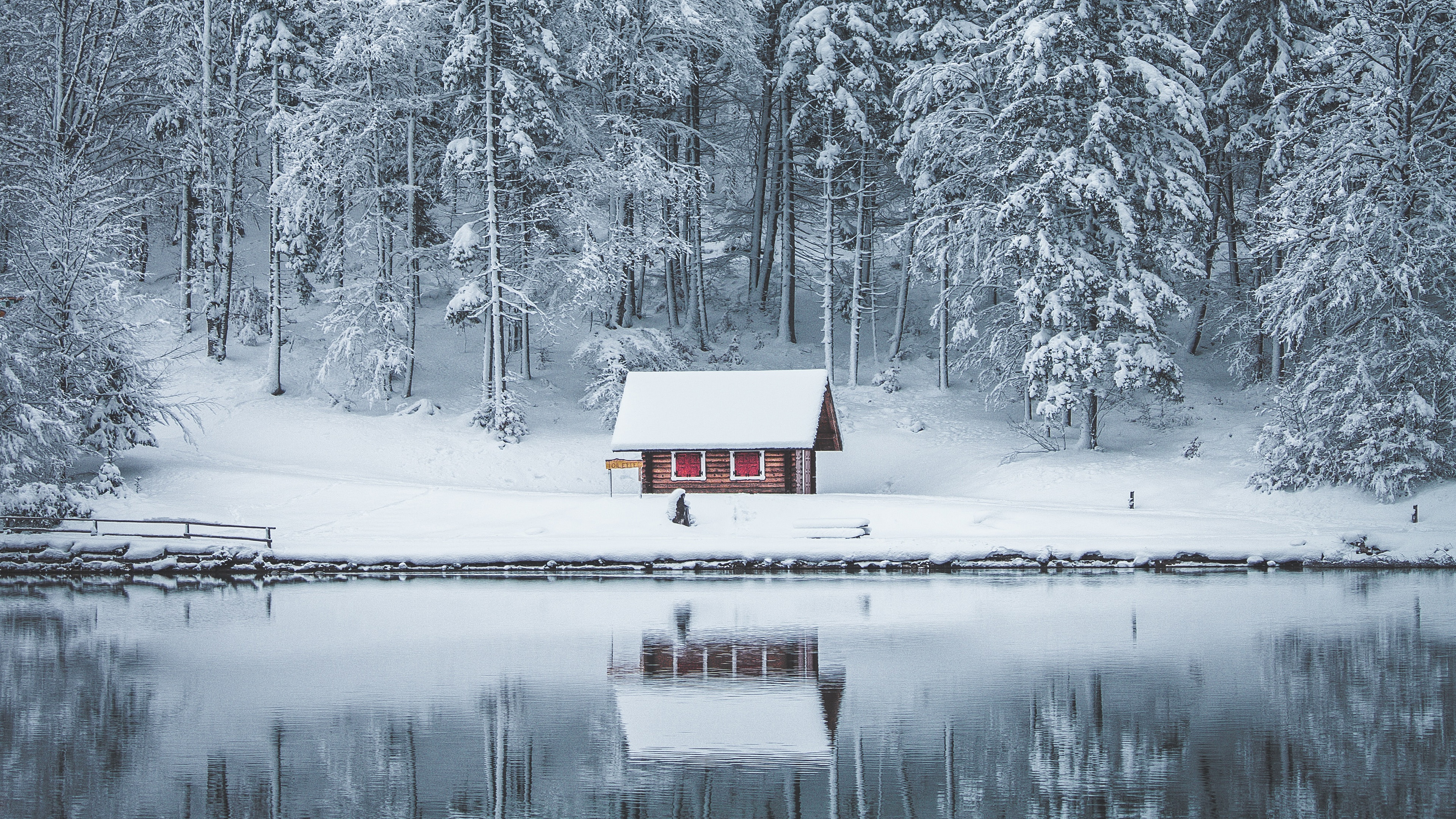 Download Pond House Reflection Snow Forest Photography Winter Image