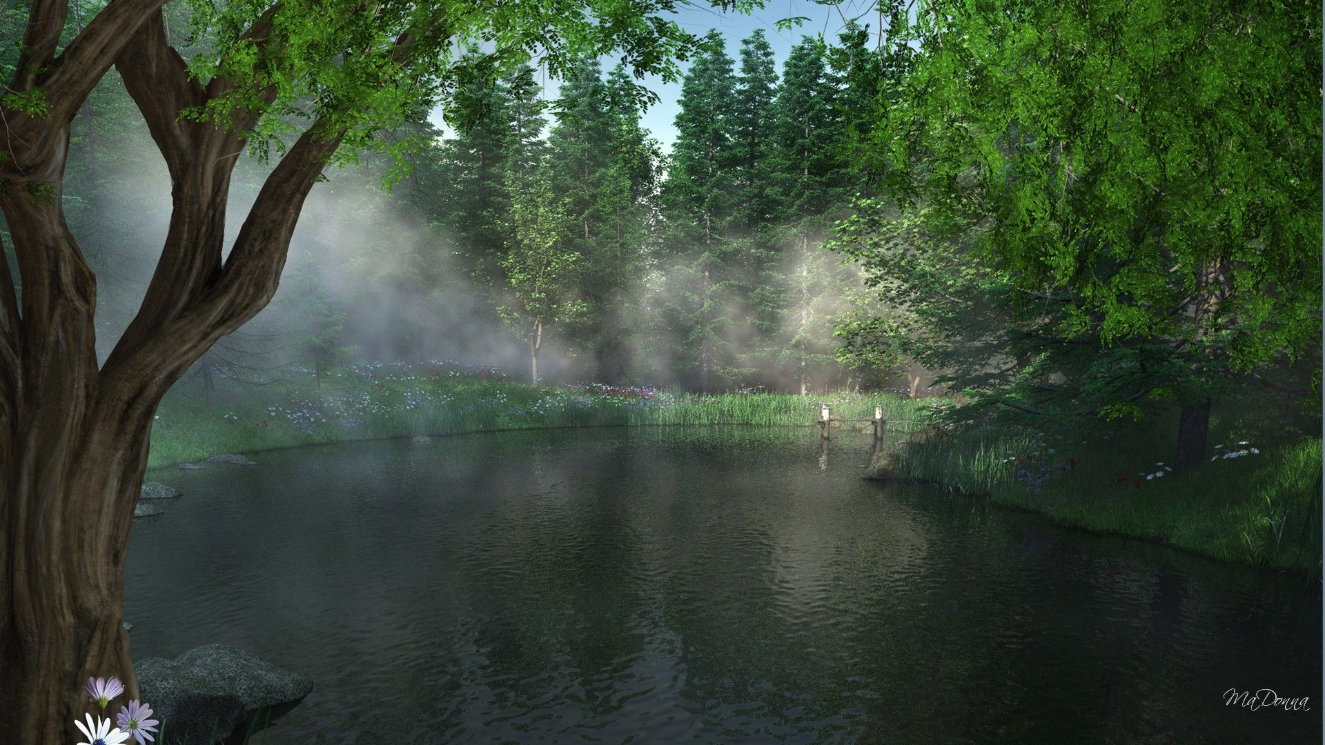 Download Fog Green Tree Forest Artistic River Image