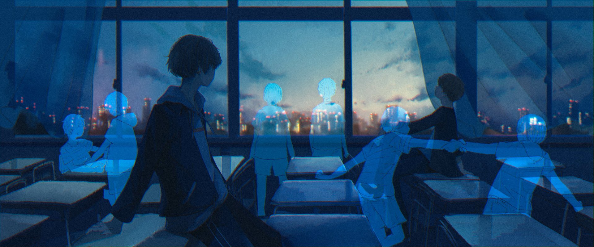 Blue Classroom Reverie — Anime Boy at Twilight