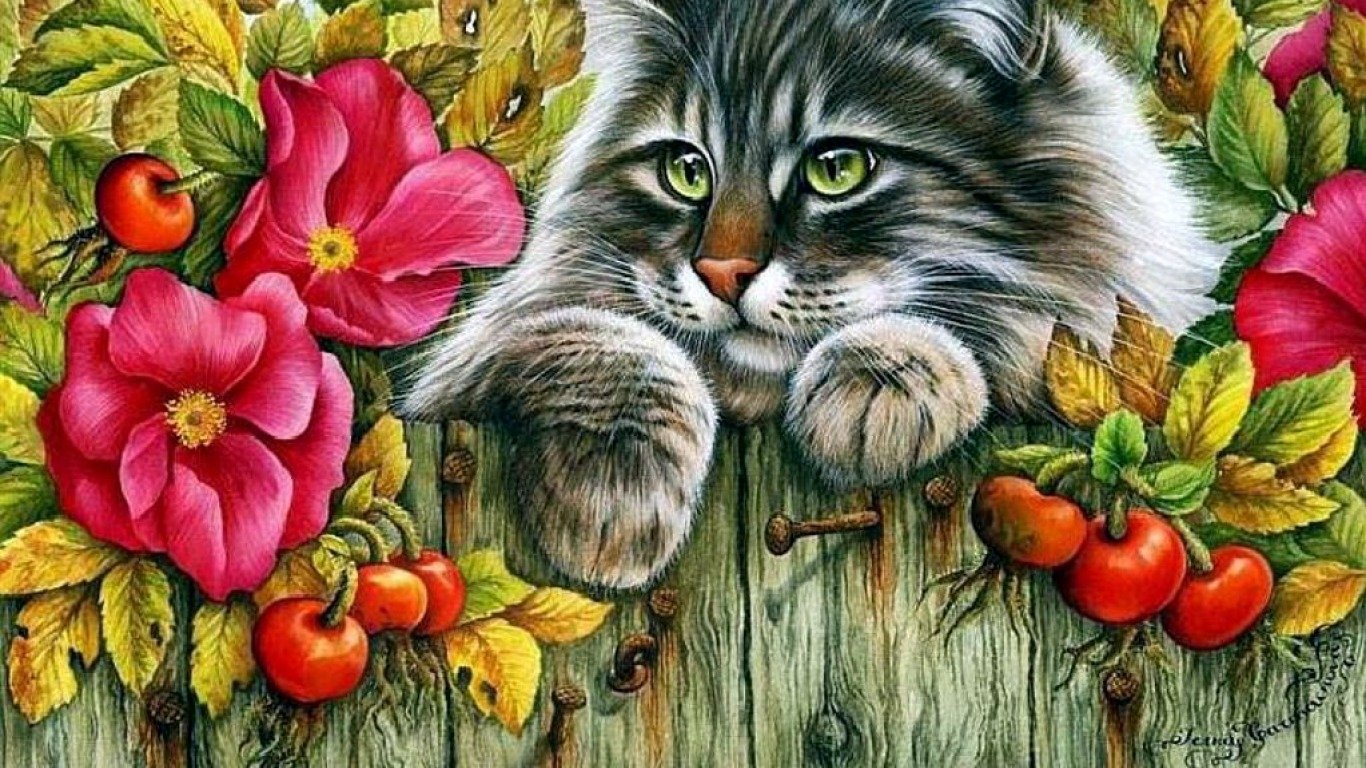 Artistic Cat Portrait amidst Vibrant Blooms