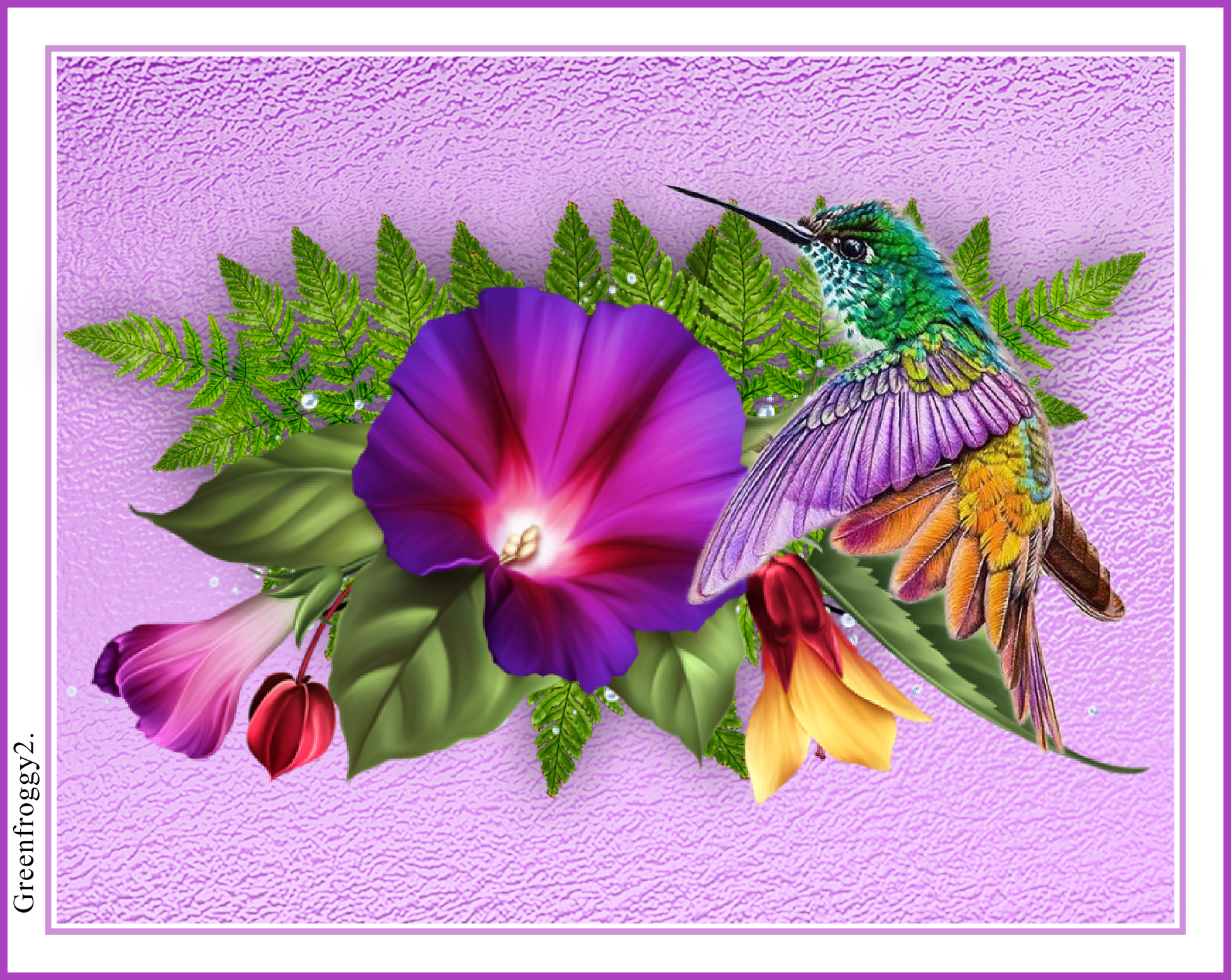HUMMINGBIRD AND FLOWERS by GREENFROGGY1
