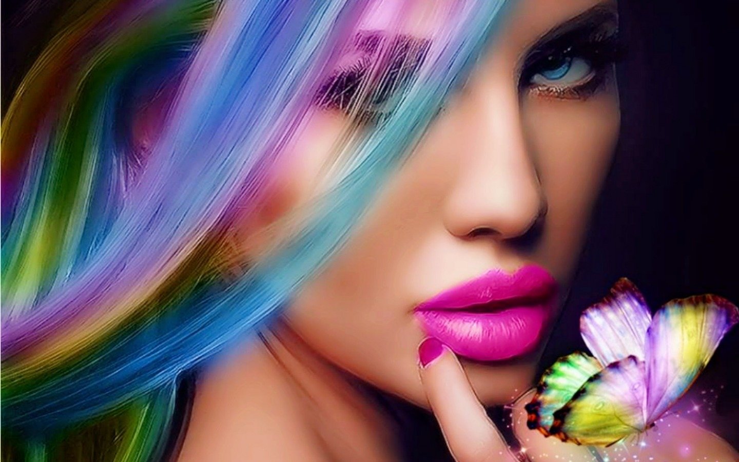 Rainbow Fantasy: A Woman's Makeup with Lipstick and Butterflies