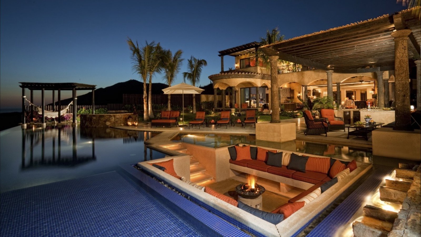 Luxurious Man-Made Oasis: Elegant Evening Room by the Pool