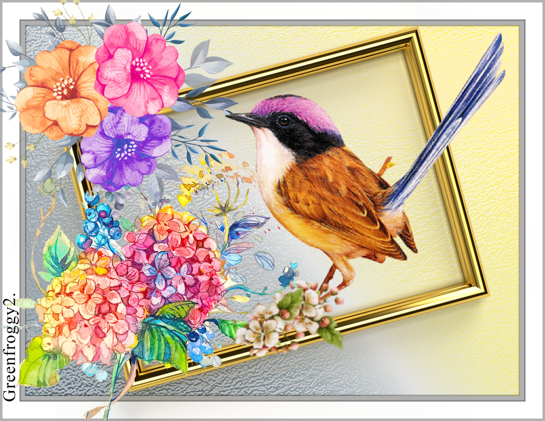 FLOWERS AND BIRD FRAMED by GREENFROGGY1
