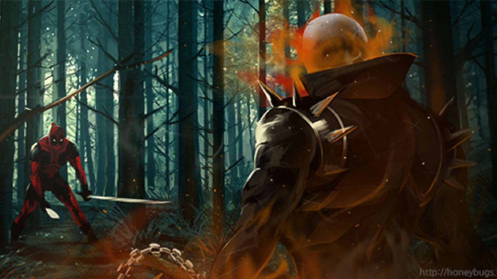 Deadpool's Fiery Confrontation in the Forest