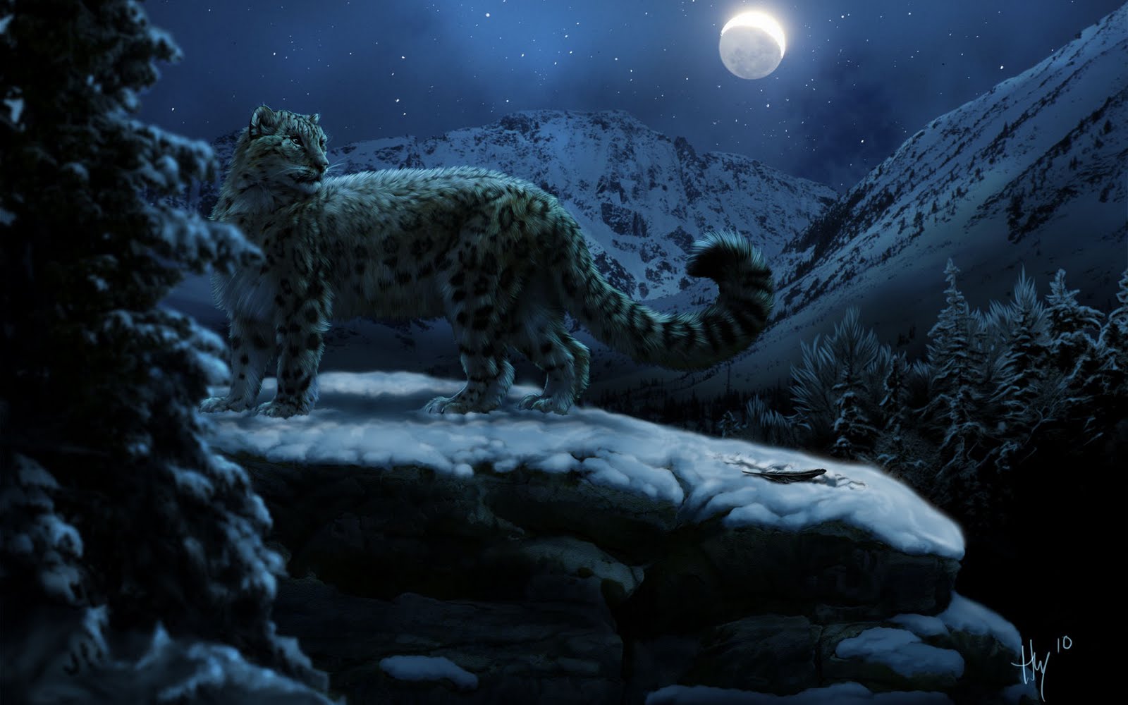 Majestic Snow Leopard Under the Moonlight