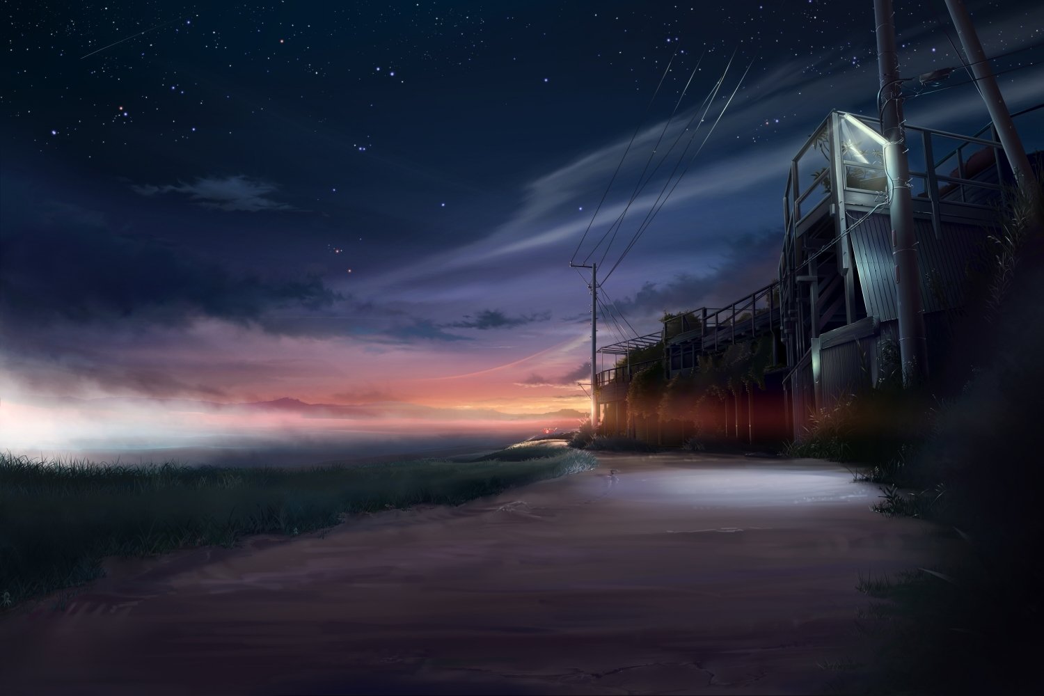 Serene Anime Landscape Beneath a Starry Twilight Sky