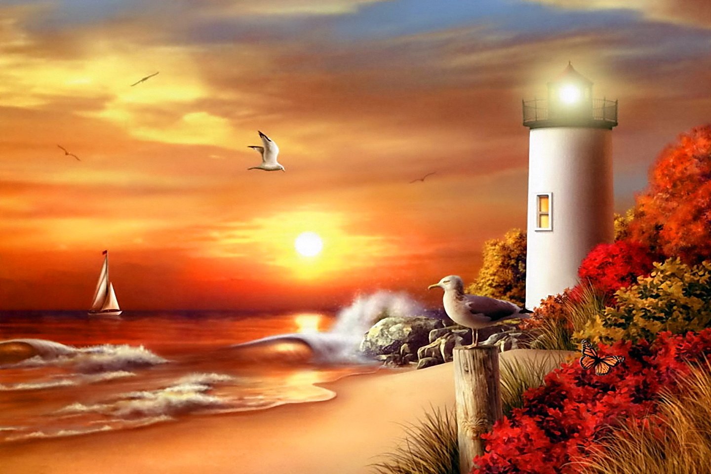 Artistic Lighthouse at Tranquil Sunset Shore