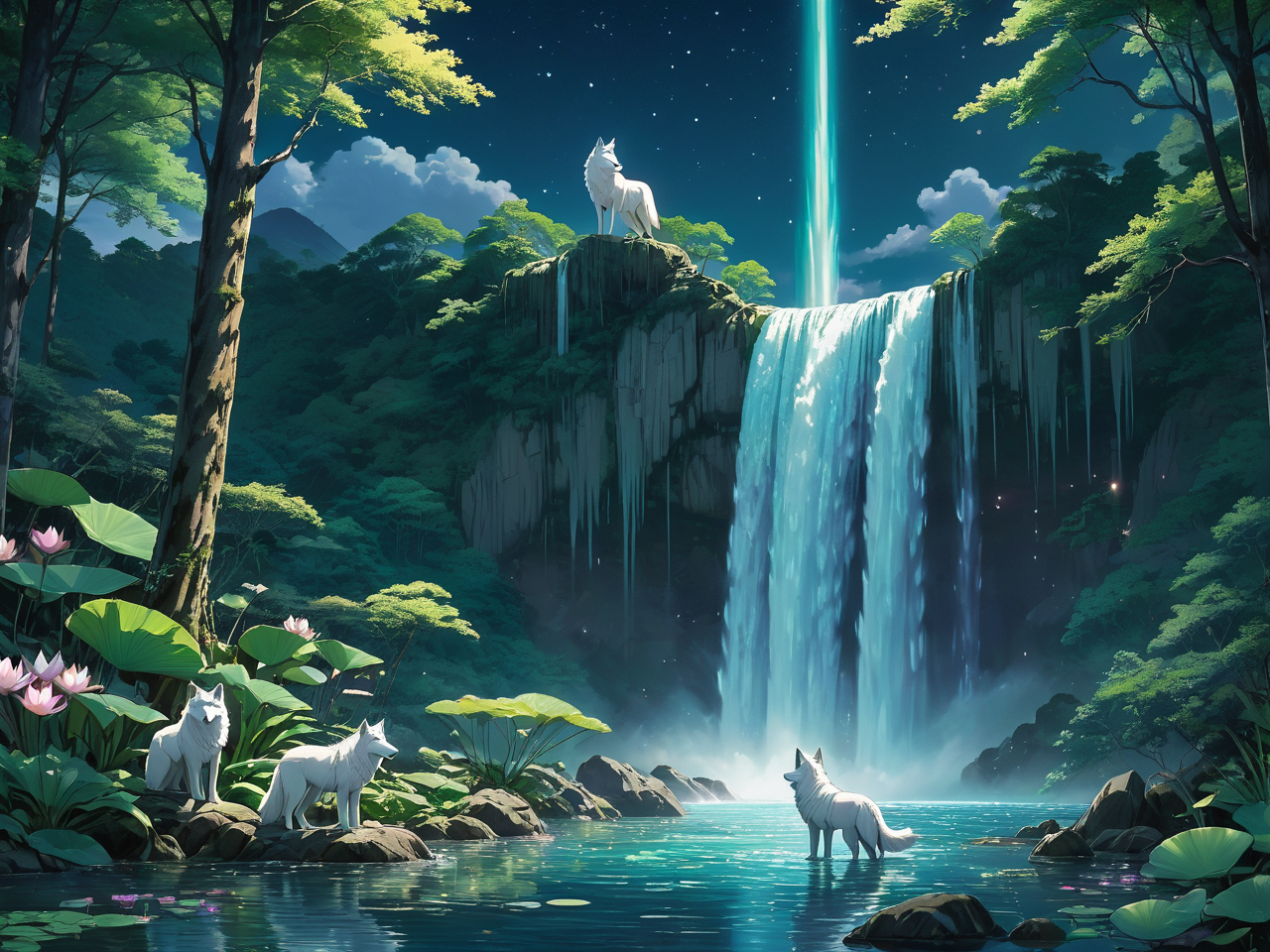 Forrest night sky under a waterfall and wolf's by babaji666