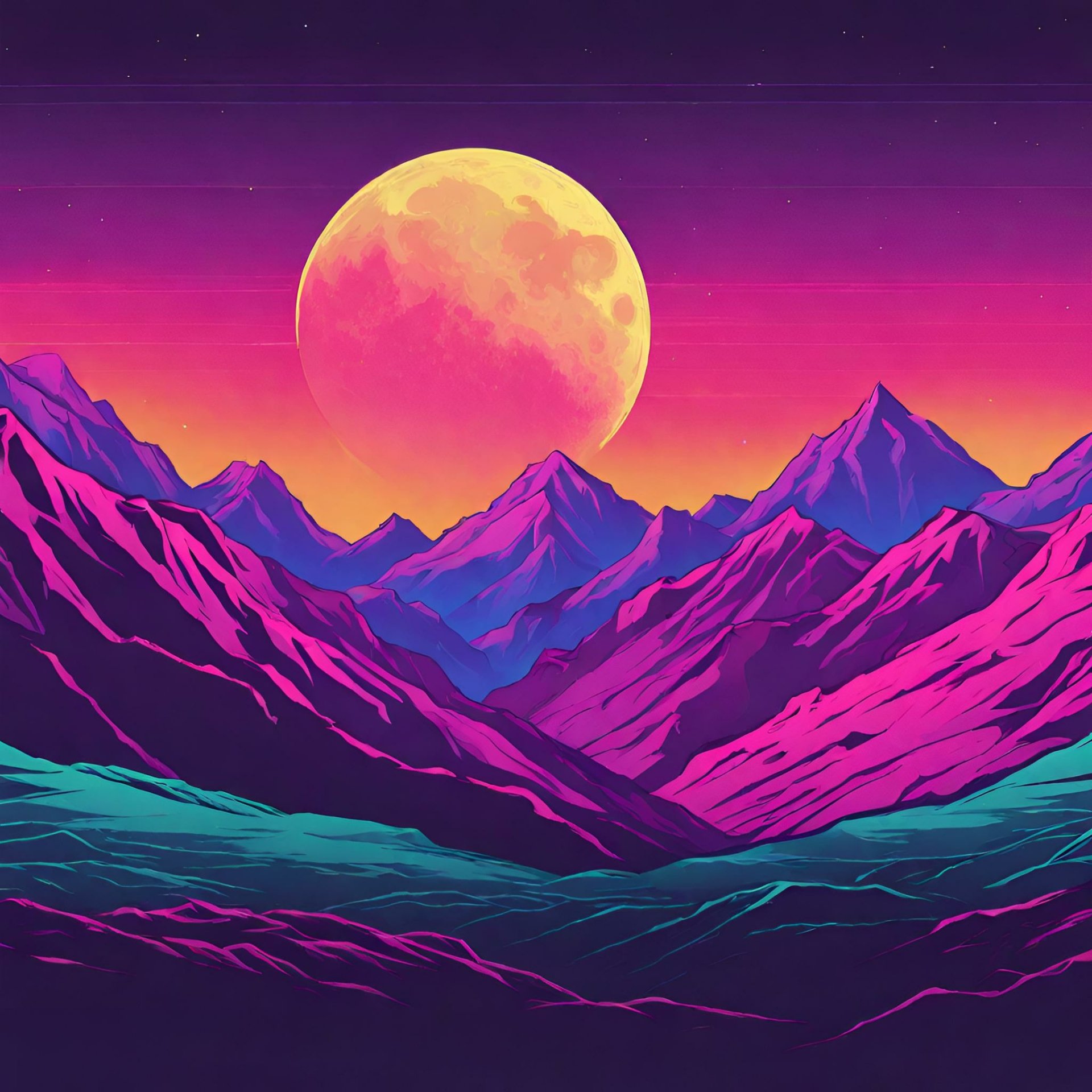 Synthwave moon rising over the mountains by AkitoClaw