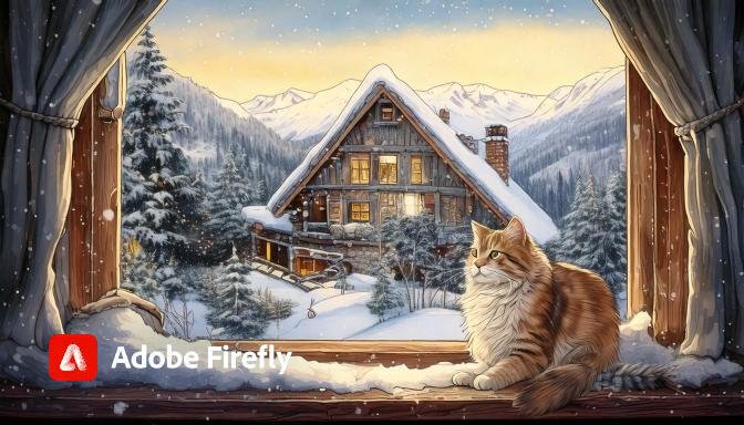 Download Cozy Winter Cottage Cat Image
