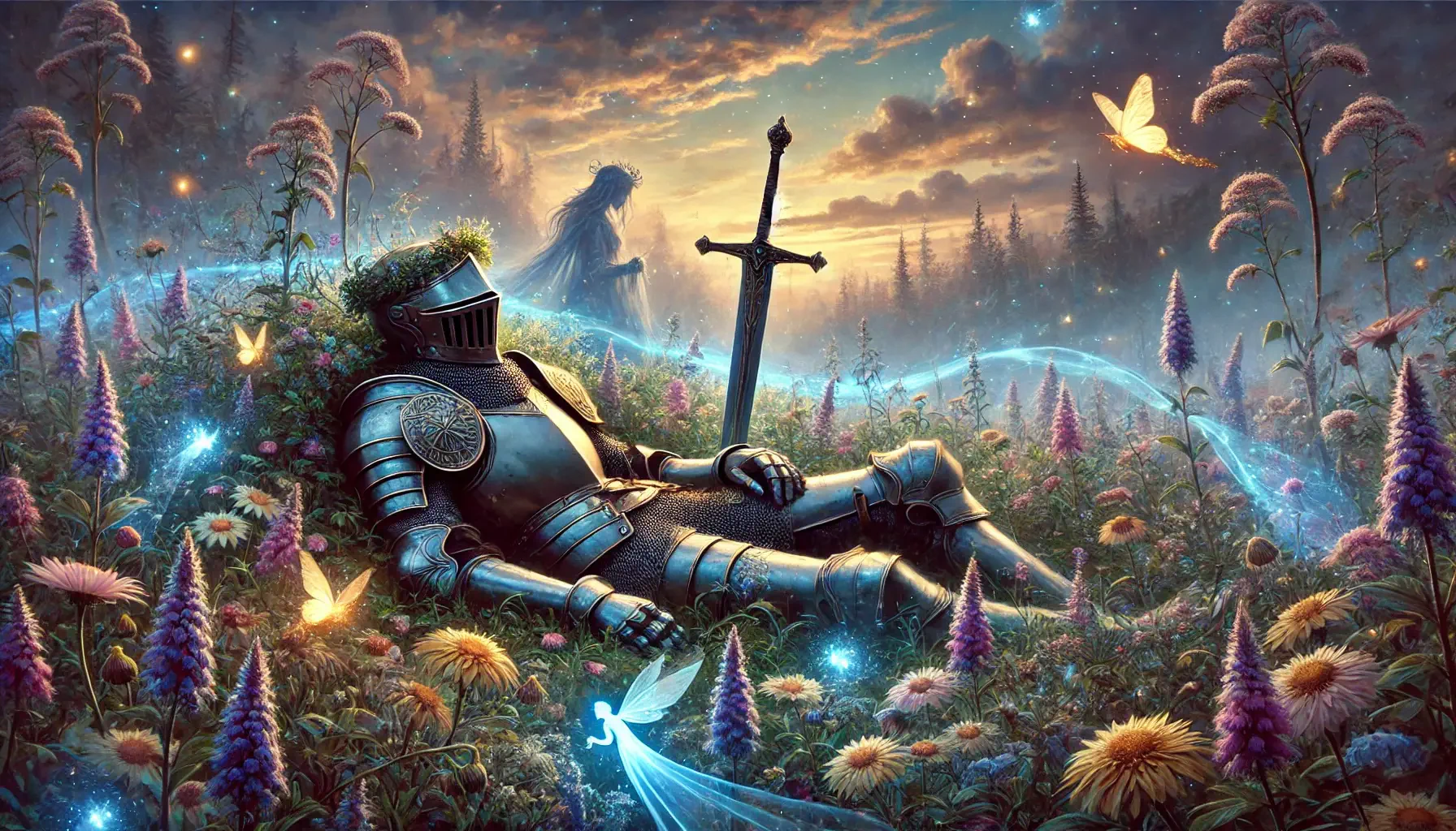 A fallen knight in full medieval armor lies peacefully by Kanji_MA